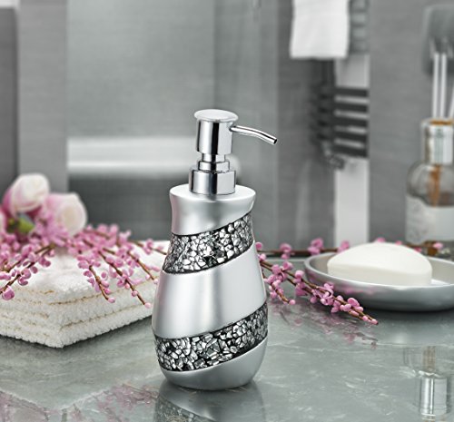 Creative Scents 6-Piece Silver Bathroom Accessories Set - Complete Bathroom Set Includes: Mosaic Glass Wastebasket, Soap Dispenser, Square Tissue Cover, Toothbrush Holder, Tumbler, and Soap Dish