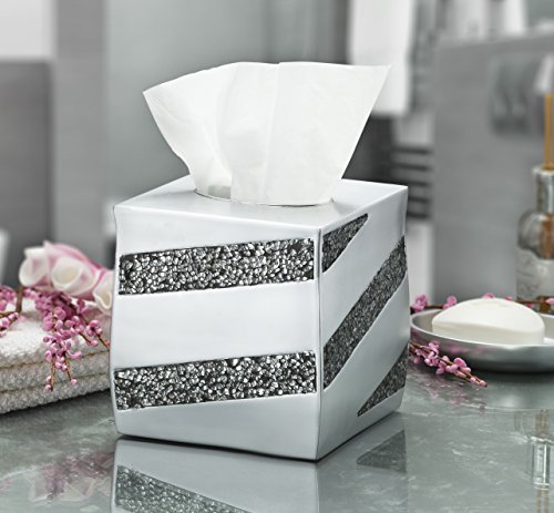 Creative Scents 6-Piece Silver Bathroom Accessories Set - Complete Bathroom Set Includes: Mosaic Glass Wastebasket, Soap Dispenser, Square Tissue Cover, Toothbrush Holder, Tumbler, and Soap Dish