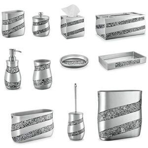 Creative Scents 6-Piece Silver Bathroom Accessories Set - Complete Bathroom Set Includes: Mosaic Glass Wastebasket, Soap Dispenser, Square Tissue Cover, Toothbrush Holder, Tumbler, and Soap Dish