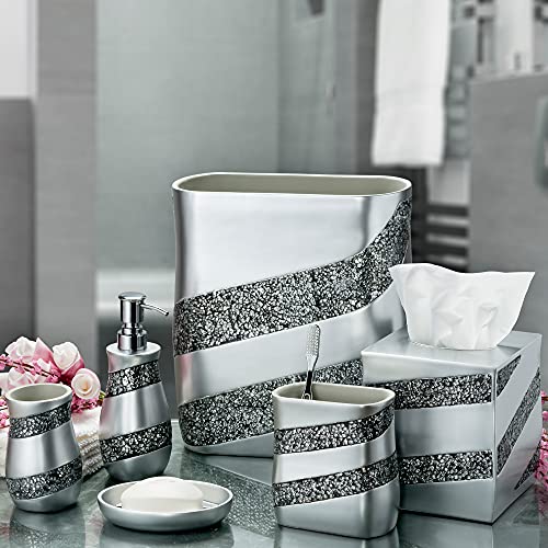 Creative Scents 6-Piece Silver Bathroom Accessories Set - Complete Bathroom Set Includes: Mosaic Glass Wastebasket, Soap Dispenser, Square Tissue Cover, Toothbrush Holder, Tumbler, and Soap Dish