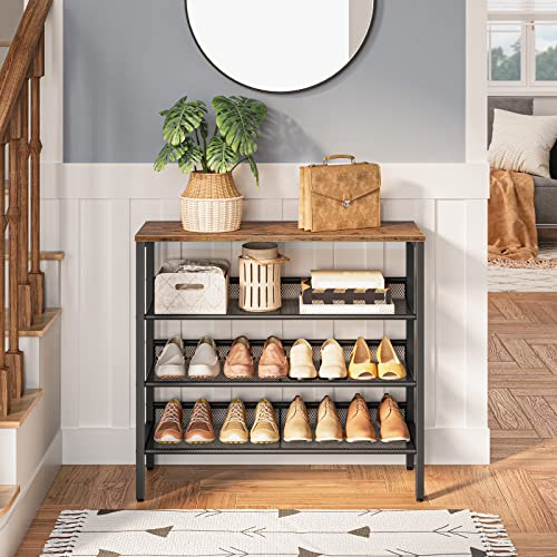 HOOBRO Industrial Shoe Rack, 4-Tier Shoe Shelf, Storage Organizer Unit with 3 Mesh Shelves, Wood Look Accent Furniture with Metal Frame, for Entryway, Living Room, Hallway BF14XJ01