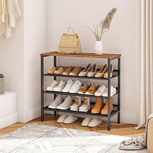 HOOBRO Industrial Shoe Rack, 4-Tier Shoe Shelf, Storage Organizer Unit with 3 Mesh Shelves, Wood Look Accent Furniture with Metal Frame, for Entryway, Living Room, Hallway BF14XJ01