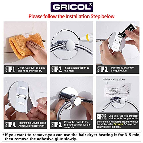 Gricol Towel Ring Nail Free, Self Adhesive, Stainless Steel, No Damage Wall Mouted, Rustproof, Polished Finished