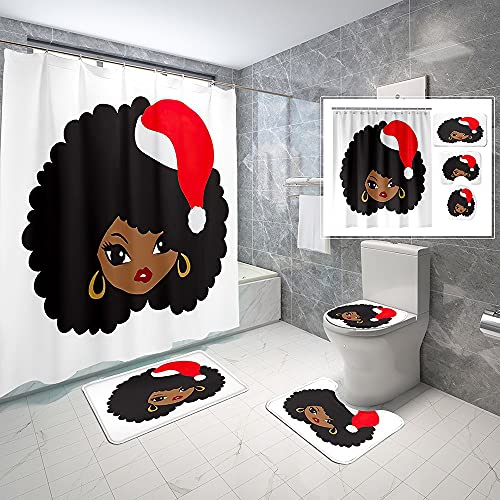 4 PCS Christmas Cartoon Black Santa Shower Curtain 4 Pieces Sets,Waterproof Fabric Bathroom Sets with Non-Slip Rugs,Toilet Lid Cover and Bath Mat,Waterproof and Durable Shower Curtain with 72x72 Size