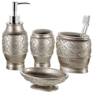 creative scents decorative bathroom accessories set brushed silver - 4 piece bathroom set includes: soap dispenser, toothbrush holder, soap dish and tumbler, in beautiful gift box (dublin)