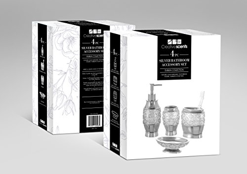 Creative Scents Decorative Bathroom Accessories Set Brushed Silver - 4 Piece Bathroom Set Includes: Soap Dispenser, Toothbrush Holder, Soap Dish and Tumbler, in Beautiful Gift Box (Dublin)