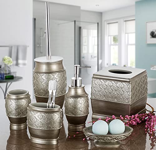 Creative Scents Decorative Bathroom Accessories Set Brushed Silver - 4 Piece Bathroom Set Includes: Soap Dispenser, Toothbrush Holder, Soap Dish and Tumbler, in Beautiful Gift Box (Dublin)