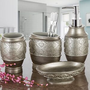 Creative Scents Decorative Bathroom Accessories Set Brushed Silver - 4 Piece Bathroom Set Includes: Soap Dispenser, Toothbrush Holder, Soap Dish and Tumbler, in Beautiful Gift Box (Dublin)