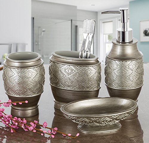 Creative Scents Decorative Bathroom Accessories Set Brushed Silver - 4 Piece Bathroom Set Includes: Soap Dispenser, Toothbrush Holder, Soap Dish and Tumbler, in Beautiful Gift Box (Dublin)