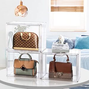 DILIBRA Set of 4 Plastic Purse Storage Organizer for Closet, Acrylic Display Case for Purse and Handbag, Stackable Storage Boxes Organizer with Magnetic Door for Clutch Wallet Book Toys