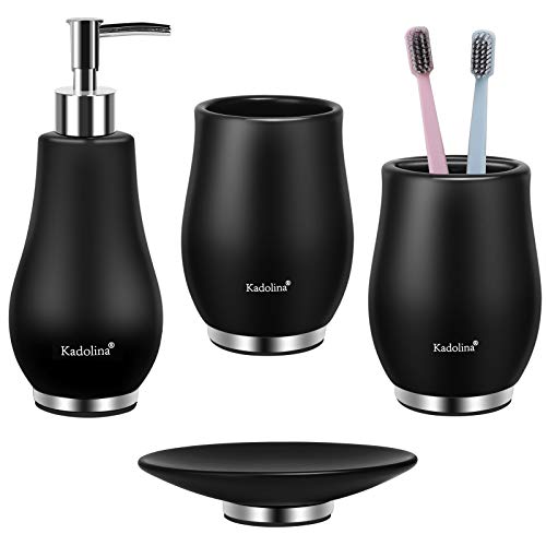 Kadolina Black Bathroom Accessories Set, Toothbrush Holder Set, Lotion Soap Dispenser, Soap Dish, Tumbler Cup, Ceramic Vanity Countertop Accessory Set Bath Restroom (4 Pcs)