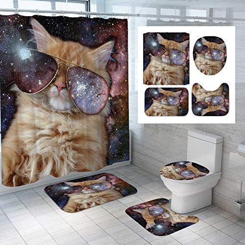 4PCS Space Cat Shower Curtain Sets with Rugs,Cute Cat wear Galaxy Glasses, Kids Bathroom Decor Non-Slip Bathroom Mat Bath Mat Toilet Rug,with 12 Hooks,72X72 Inch,Yellow Cat