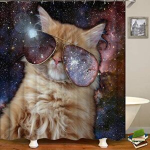 4PCS Space Cat Shower Curtain Sets with Rugs,Cute Cat wear Galaxy Glasses, Kids Bathroom Decor Non-Slip Bathroom Mat Bath Mat Toilet Rug,with 12 Hooks,72X72 Inch,Yellow Cat