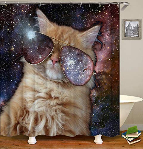 4PCS Space Cat Shower Curtain Sets with Rugs,Cute Cat wear Galaxy Glasses, Kids Bathroom Decor Non-Slip Bathroom Mat Bath Mat Toilet Rug,with 12 Hooks,72X72 Inch,Yellow Cat