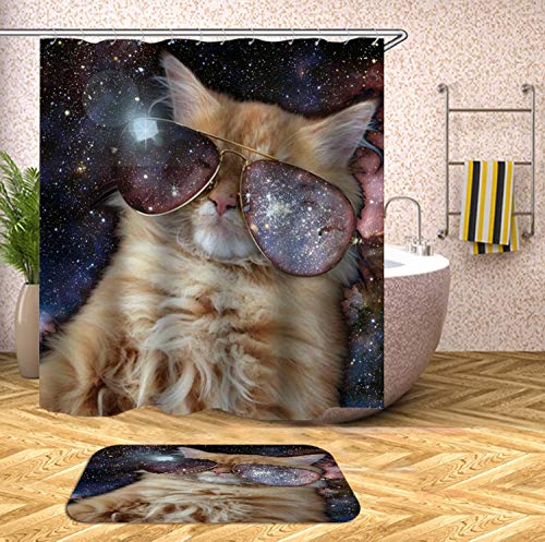 4PCS Space Cat Shower Curtain Sets with Rugs,Cute Cat wear Galaxy Glasses, Kids Bathroom Decor Non-Slip Bathroom Mat Bath Mat Toilet Rug,with 12 Hooks,72X72 Inch,Yellow Cat