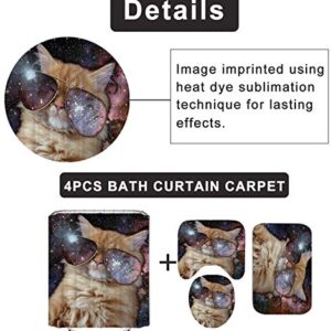 4PCS Space Cat Shower Curtain Sets with Rugs,Cute Cat wear Galaxy Glasses, Kids Bathroom Decor Non-Slip Bathroom Mat Bath Mat Toilet Rug,with 12 Hooks,72X72 Inch,Yellow Cat