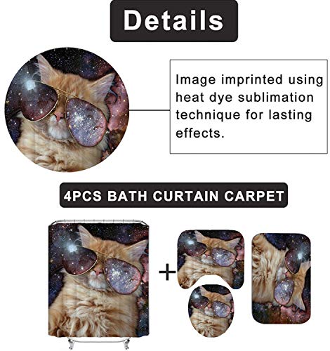 4PCS Space Cat Shower Curtain Sets with Rugs,Cute Cat wear Galaxy Glasses, Kids Bathroom Decor Non-Slip Bathroom Mat Bath Mat Toilet Rug,with 12 Hooks,72X72 Inch,Yellow Cat