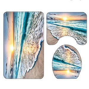 NMPPTM 4 Pcs Shower Curtain Set Beautiful Sunrise Over Sea Beach Sunny Sunset Marine Natural with Non-Slip Rugs Toilet Lid Cover and Bath Mat Bathroom Decor Set