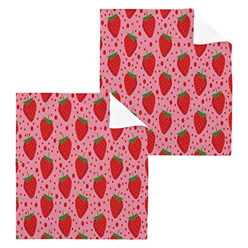 Kigai Strawberry with Dots Cotton Washcloths Set of 4, 12"x12" Soft Absorbent Wash Cloths Bathroom Face Cloths Fingertip Towels for Gym Hotel and Spa