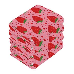 Kigai Strawberry with Dots Cotton Washcloths Set of 4, 12"x12" Soft Absorbent Wash Cloths Bathroom Face Cloths Fingertip Towels for Gym Hotel and Spa