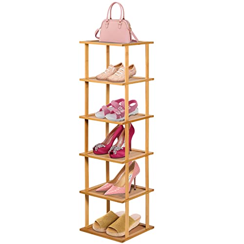 NATTHSWE Bamboo Vertical Shoe Rack - 6 Tier Narrow Free Standing Shoe Rack Organizer for Entryway, Skinny Standing Shoe Rack Shelf for Bedroom Closet Small Spaces