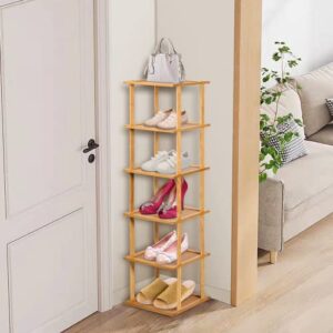 NATTHSWE Bamboo Vertical Shoe Rack - 6 Tier Narrow Free Standing Shoe Rack Organizer for Entryway, Skinny Standing Shoe Rack Shelf for Bedroom Closet Small Spaces