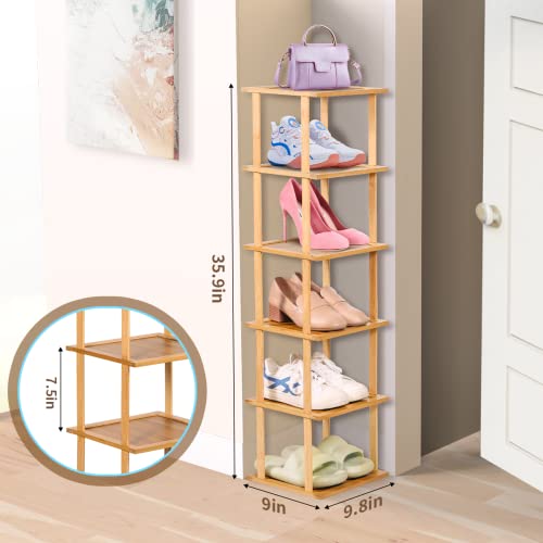 NATTHSWE Bamboo Vertical Shoe Rack - 6 Tier Narrow Free Standing Shoe Rack Organizer for Entryway, Skinny Standing Shoe Rack Shelf for Bedroom Closet Small Spaces