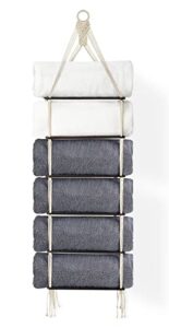 mkono macrame towel holder over the door towel rack for bathroom storage for rollded towels hand towels, 6 tier scarf hanger wood hanging shelves for bedroom living room entry