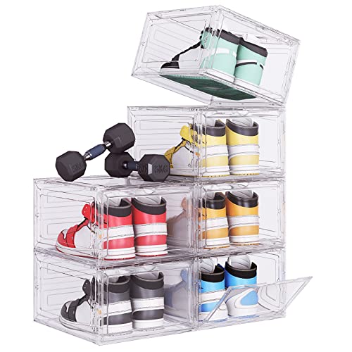 Fixwal Large Shoe Storage Box Set of 6 Stackable Drop Front Plastic Shoe Organizer Containers with Clear Door, Shoe Bins for Display Sneakers Fit Shoe Size Up to US Men 12