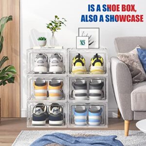 Fixwal Large Shoe Storage Box Set of 6 Stackable Drop Front Plastic Shoe Organizer Containers with Clear Door, Shoe Bins for Display Sneakers Fit Shoe Size Up to US Men 12