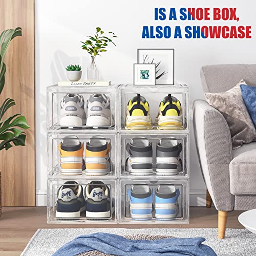 Fixwal Large Shoe Storage Box Set of 6 Stackable Drop Front Plastic Shoe Organizer Containers with Clear Door, Shoe Bins for Display Sneakers Fit Shoe Size Up to US Men 12