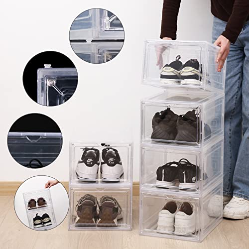 Fixwal Large Shoe Storage Box Set of 6 Stackable Drop Front Plastic Shoe Organizer Containers with Clear Door, Shoe Bins for Display Sneakers Fit Shoe Size Up to US Men 12