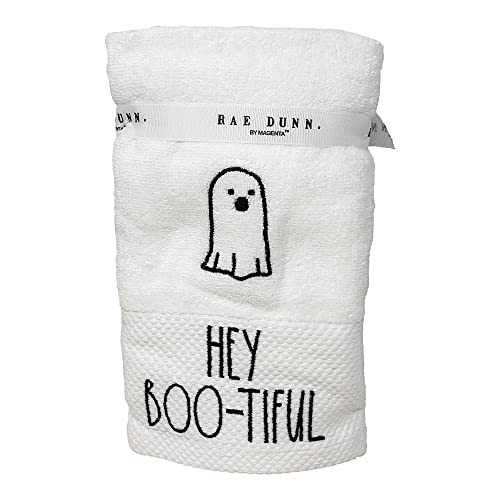 Rae Dunn Set of 2 Halloween Hand Towels, (16x30) White/Hey Bootiful/Terry Cloth