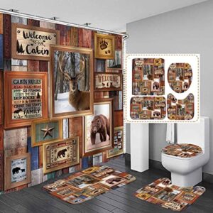 camille&andrew 4pcs/set wildlife shower curtain, vintage brown rustic wooden board deer bear usa flag western texas star barn cabin hunting wild animal bathroom decor, non-slip bath rugs, cabin rules