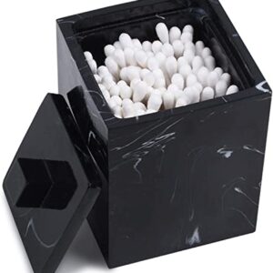 JUNGFORD Square Qtips Holder, Bathroom Countertop Storage Organizer Container with Lid for Cotton Swabs Rounds Balls Makeup Sponges Pads Bath Salts, Made of Black Marble Pattern Resin