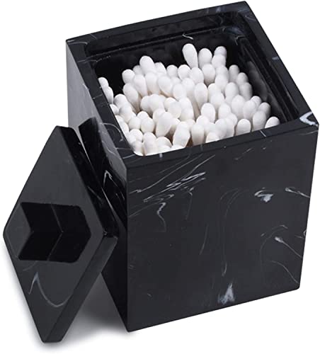 JUNGFORD Square Qtips Holder, Bathroom Countertop Storage Organizer Container with Lid for Cotton Swabs Rounds Balls Makeup Sponges Pads Bath Salts, Made of Black Marble Pattern Resin