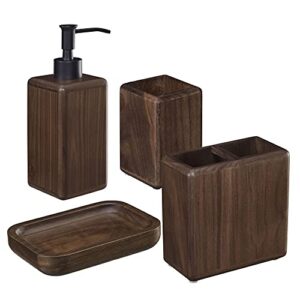 mihiro 4-piece bathroom accessories set, wood bathroom vanity countertop accessory with soap dispenser, toothbrush holder, bathroom tumbler and soap dish, waterproof walnut,100% solid wood