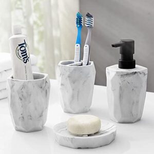 MyGift 4 Piece Modern Bathroom Accessory Set with Marbled Pattern and Geometric Design Includes Lotion Dispenser, Toothbrush Holder, Tumbler, Soap Dish