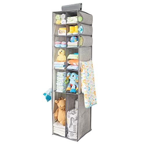 mDesign Long Soft Fabric Over Closet Rod Hanging Storage Organizer with 12 Divided Shelves, Side Pockets for Child/Kids Room or Nursery, Store Diapers, Wipes, Lotions, Toys - Gray