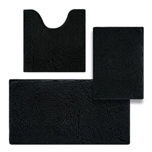 wyewye bathroom rugs, ultra soft bathroom rugs sets 3 piece soft shaggy bathroom mats, super absorbent and thick, non-slip, machine washable, bath mats for bathroom floor, tub and shower (black)