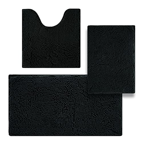 wyewye Bathroom Rugs, Ultra Soft Bathroom Rugs Sets 3 Piece Soft Shaggy Bathroom mats, Super Absorbent and Thick, Non-Slip, Machine Washable, Bath Mats for Bathroom Floor, Tub and Shower (Black)