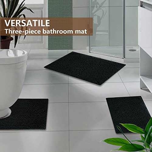 wyewye Bathroom Rugs, Ultra Soft Bathroom Rugs Sets 3 Piece Soft Shaggy Bathroom mats, Super Absorbent and Thick, Non-Slip, Machine Washable, Bath Mats for Bathroom Floor, Tub and Shower (Black)