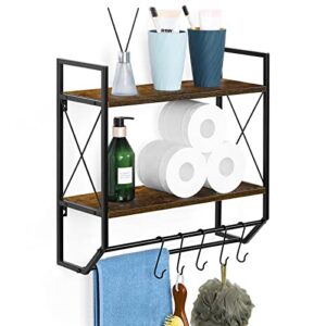 bathroom wall shelf wall mounted industrial 2 tier wood bathroom towel rack with towel bar, 5 metal hooks rustic wall hanging toilet storage shelf for kitchen, bathroom, brown