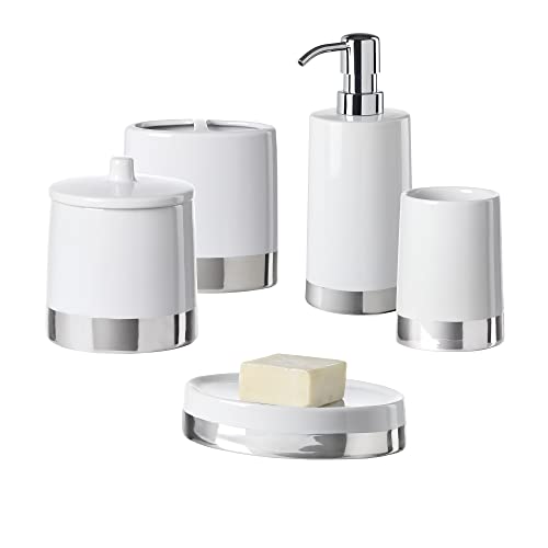 Motifeur Bathroom Accessories Set, 5-Piece Ceramic Bath Accessory Complete Set with Lotion Dispenser/Soap Pump, Cotton Jar, Soap Dish, Tumbler and Toothbrush Holder (White and Silver)