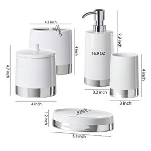 Motifeur Bathroom Accessories Set, 5-Piece Ceramic Bath Accessory Complete Set with Lotion Dispenser/Soap Pump, Cotton Jar, Soap Dish, Tumbler and Toothbrush Holder (White and Silver)