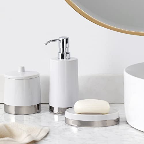 Motifeur Bathroom Accessories Set, 5-Piece Ceramic Bath Accessory Complete Set with Lotion Dispenser/Soap Pump, Cotton Jar, Soap Dish, Tumbler and Toothbrush Holder (White and Silver)