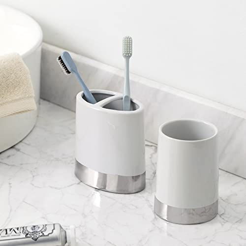 Motifeur Bathroom Accessories Set, 5-Piece Ceramic Bath Accessory Complete Set with Lotion Dispenser/Soap Pump, Cotton Jar, Soap Dish, Tumbler and Toothbrush Holder (White and Silver)