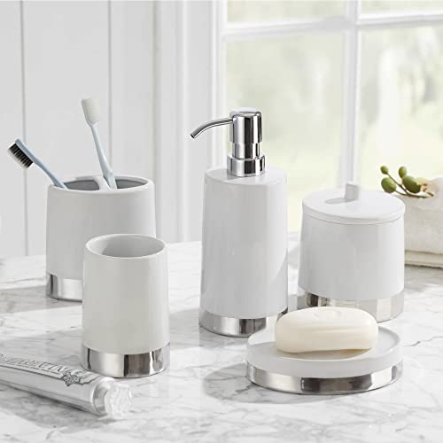 Motifeur Bathroom Accessories Set, 5-Piece Ceramic Bath Accessory Complete Set with Lotion Dispenser/Soap Pump, Cotton Jar, Soap Dish, Tumbler and Toothbrush Holder (White and Silver)