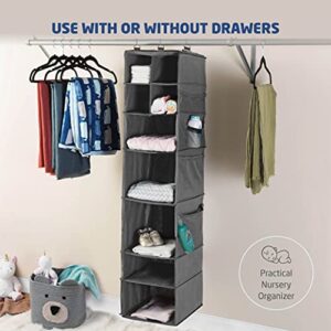 ZOBER Hanging Closet Organizer and Storage Shelves - 9-Shelf Wardrobe Clothes Organizer for Dorm Room, Baby Nursery, Small Closet Storage - Grey