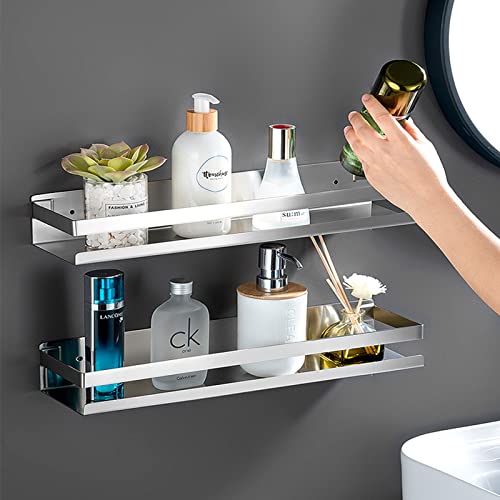 Merkaunis Stainless Steel Bathroom Shelf Bathroom Shower Shelf Bath Kitchen Shower Caddy Rack Rustproof Metal Storage Floating Shelves Wall Mounted Rectangular Shelf 15.75 Inch